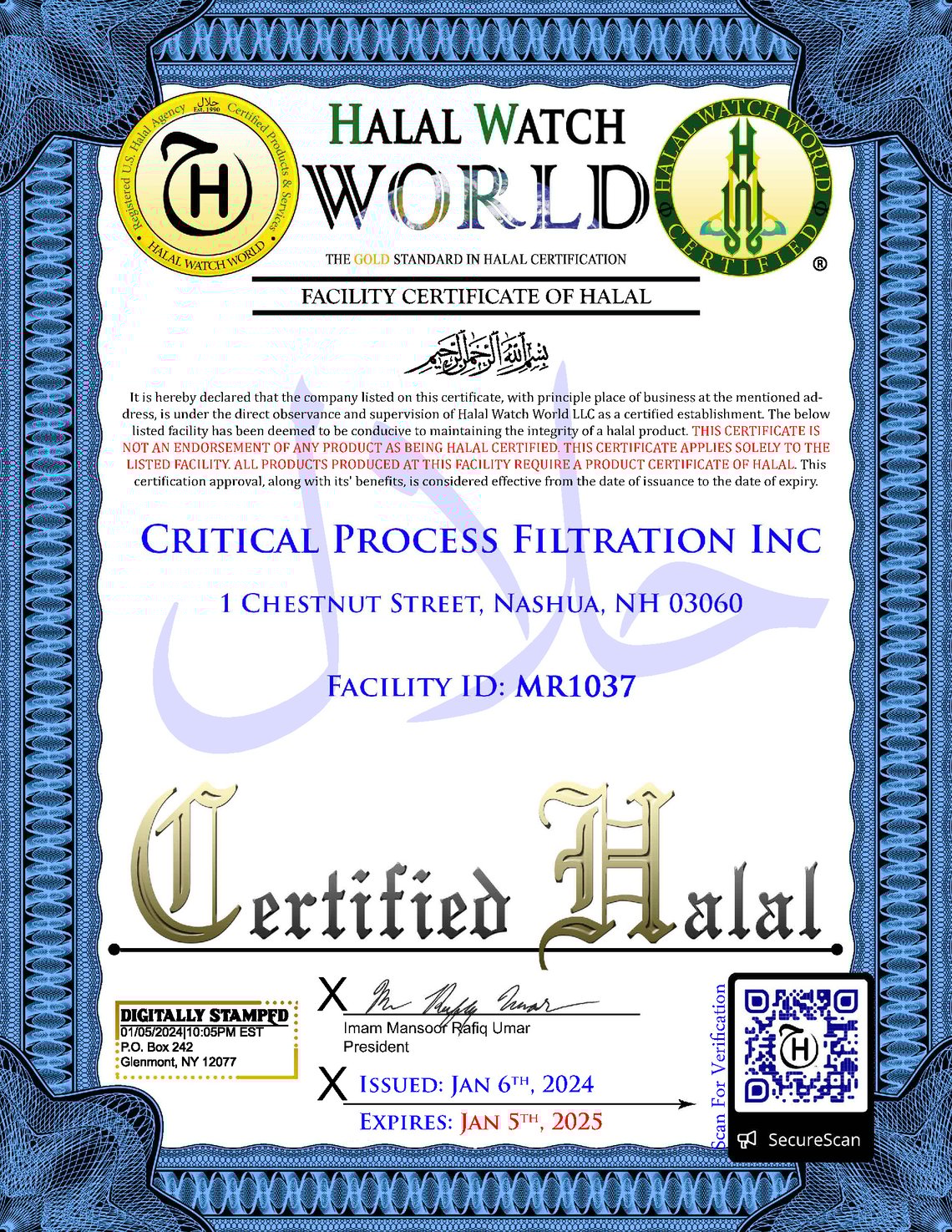 Certifications and Quality Policy | Critical Process Filtration